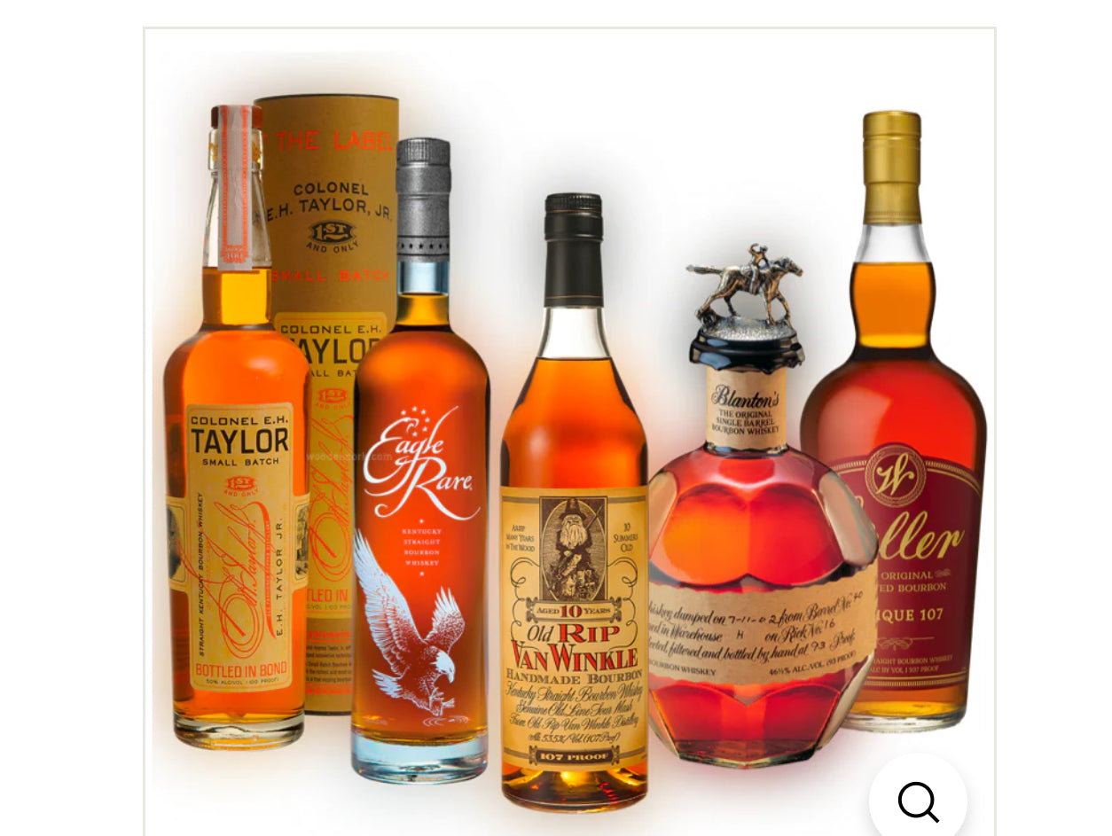Old Rip Van Winkle 10 Year, Blanton's Single Barrel, Weller 107, E.H.