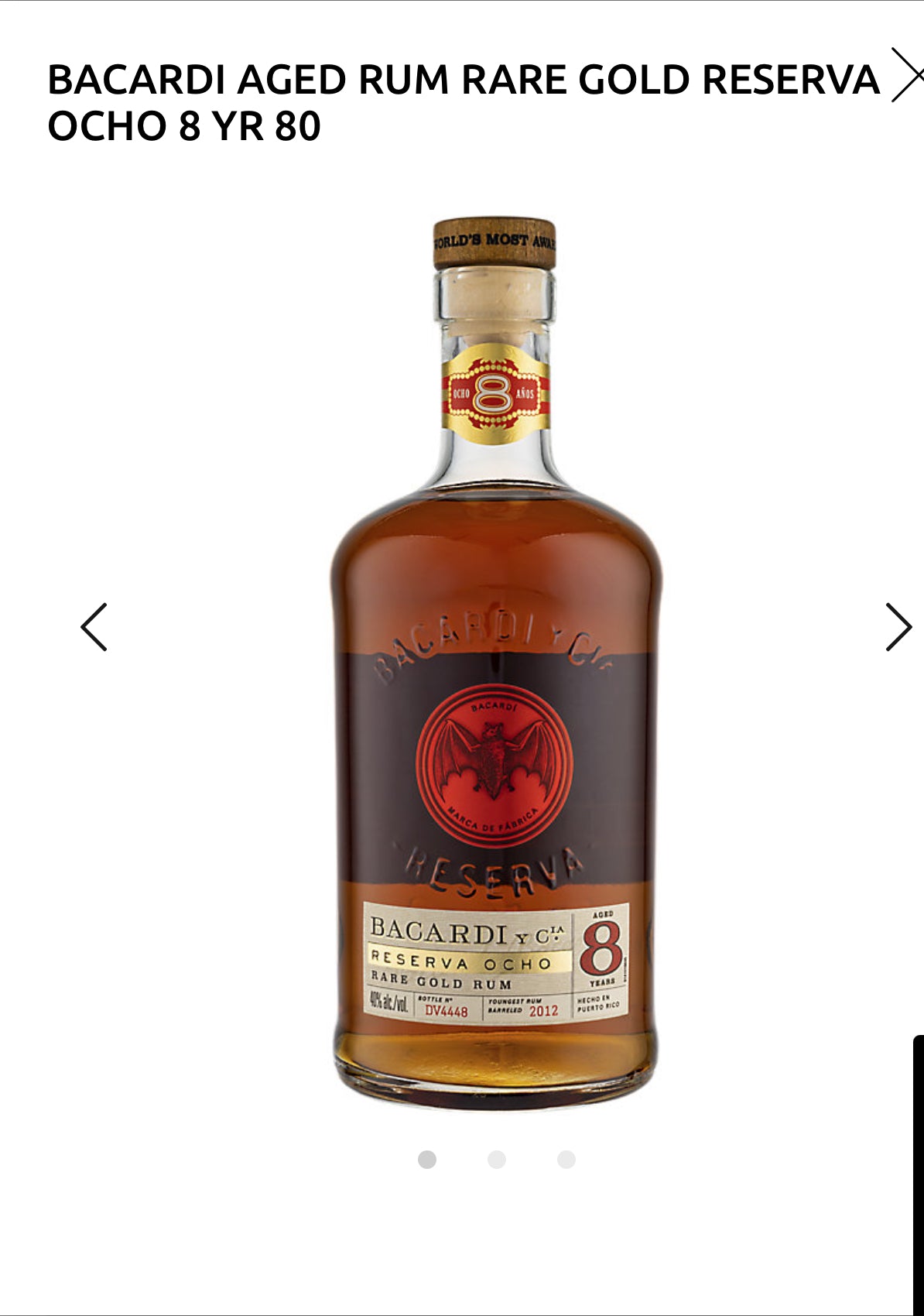 Bacardi Aged Rum Rare Gold Reserva Ocho