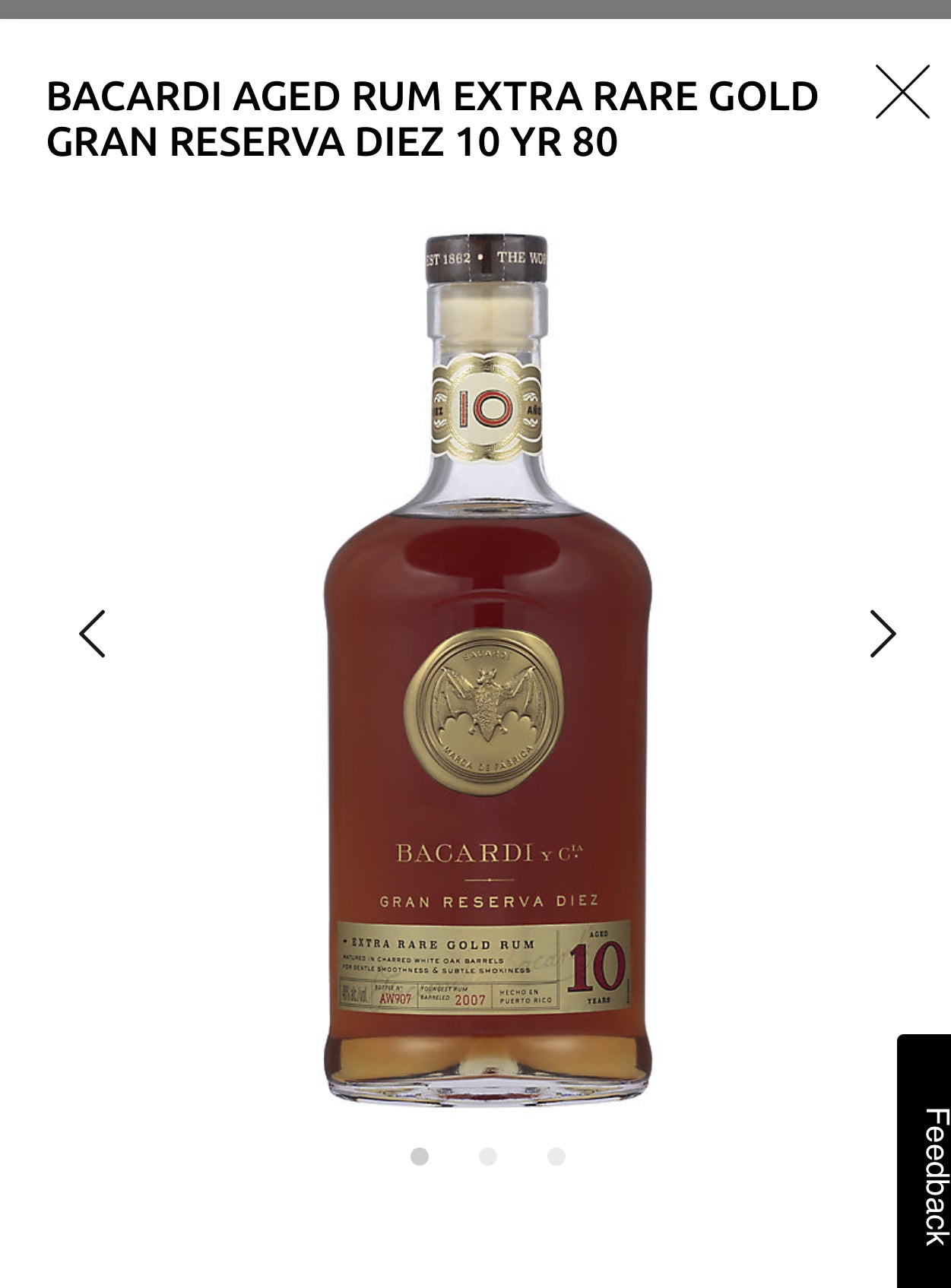 Bacardi Aged Rum Extra Rare Gold Gran Reserva Diez 10 Yr 80